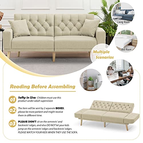 ACMEASE 70” Linen Fabric Futon Sofa Bed with Adjustable Backrests, Tufted Sleeper Couch with Convertible Armrest, 82” Extendable Loveseat Sofa with 2 Pillows for Living Room, Bedroom, Beige