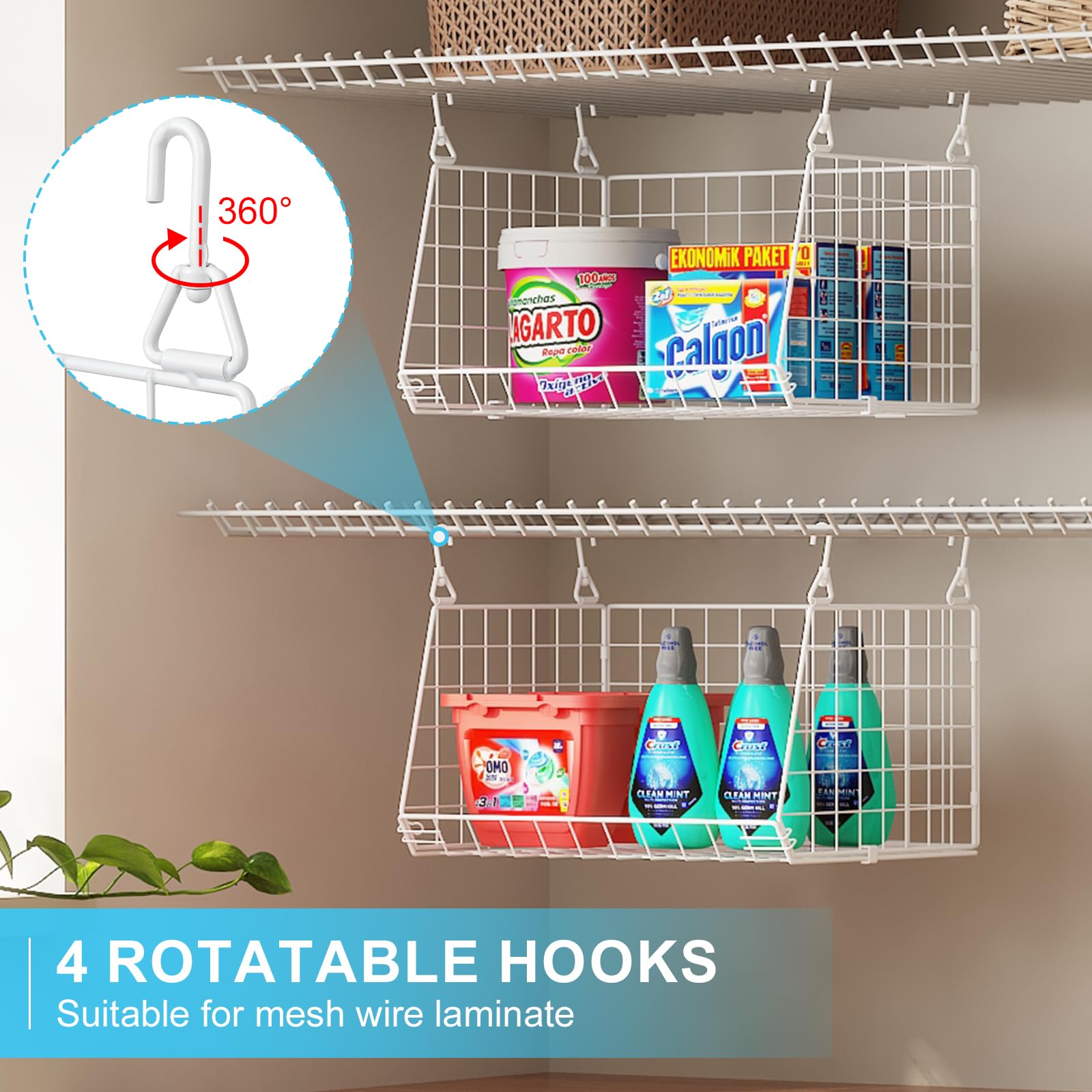 3-Tier Hanging Laundry Basket Organizer:Foldable Wire Shelf Laundry Room Organizer with 360°Rotating Hooks Space Saving Over Washer and Dryer Shelves - Metal laundry organization and storage, white