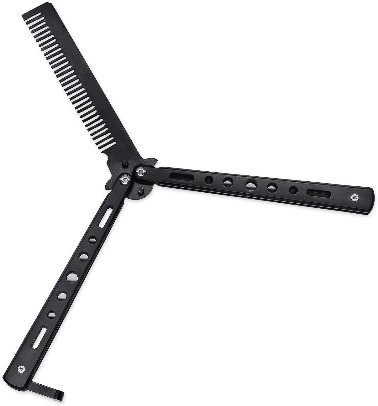 Stainless Steel Beard Comb Men's Hair, Beard and Mustache Styling Comb Steel Practice Training Butterfly Comb (Black)