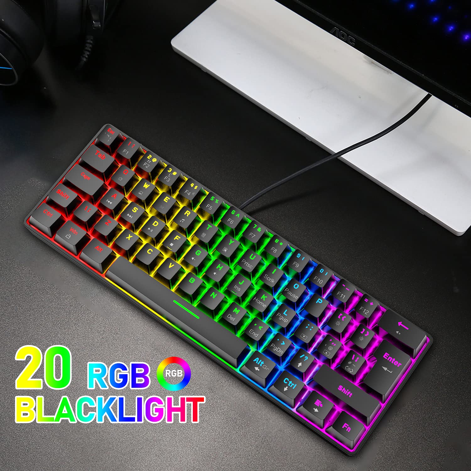 60% True Mechanical Gaming Keyboard Ultra-compact with 20 Rainbow Backlit Type C Wired Programmable 62 Keys Linear Red Switch Waterproof Non-Conflict and Gaming Mouse Pad for PC/Laptop/PS5(Black)