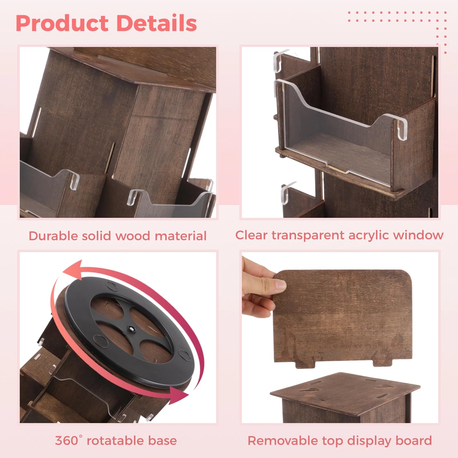 3-Tier Rotating Sticker Display Stand, 4-Sided Wood Greeting Card Display Rack, 360 Countertop Rotating Shelf for Cards, Stickers, Coasters, Multi-Pocket Tabletop Holder for Retail Tradeshow Showcase