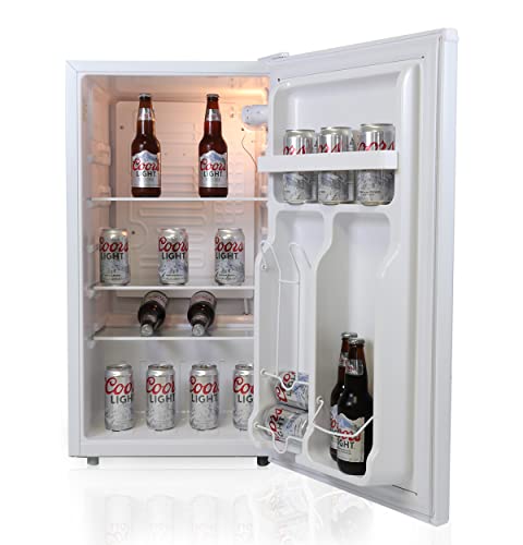 Coors Light Rocky Mountain 3.2 cu ft (90L) refrigerator Compact Fridge Bottle Opener White Space Saving Flat Back Design Reversible Door Adjustable Temperature Control Tempered Glass Shelves Office RV