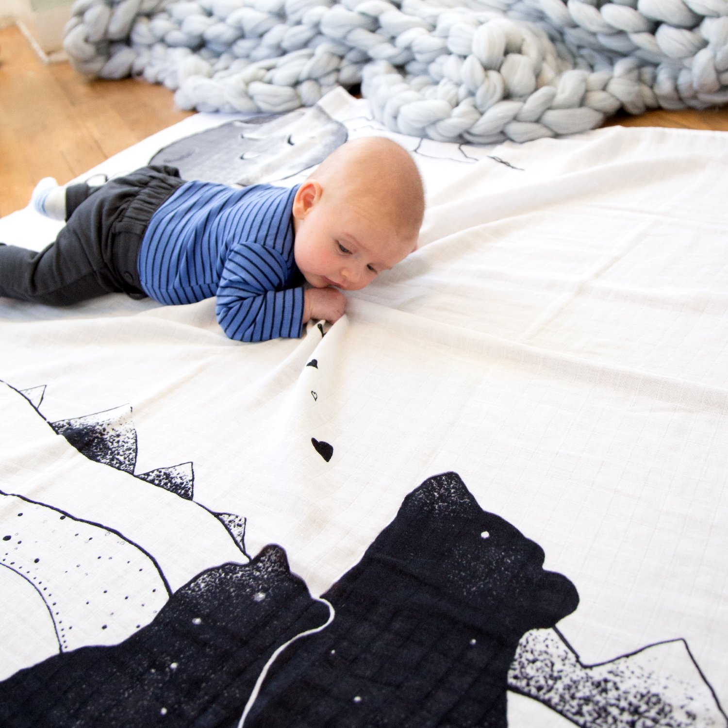 JumpOff Jo - Baby Blanket Swaddle, Hypoallergenic, 100% Cotton Baby Muslin Blanket with Original Storytelling Designs - 47" in. x 47" in. - Mama Bear Black