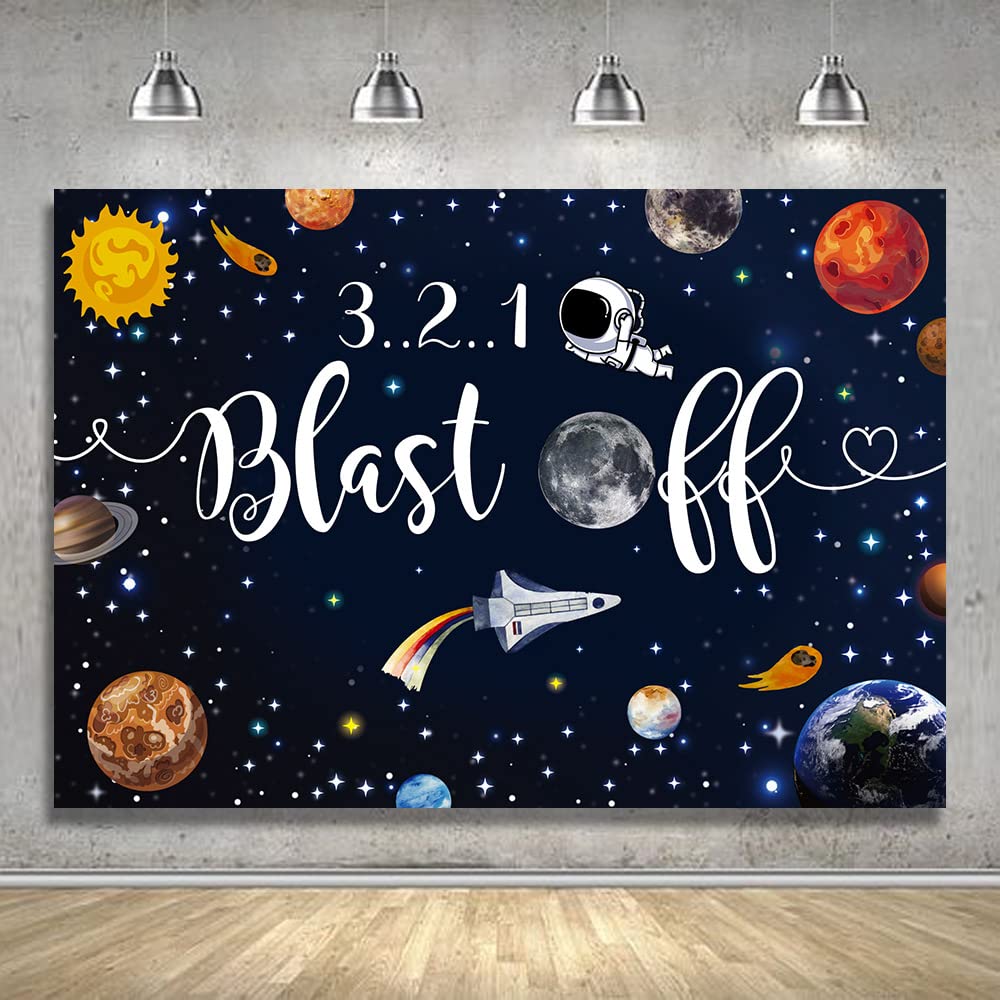 3..2..1.. Blast Off Party Decorations Backdrop, Rocket Astronaut Planet Galaxy Outer Space Boy Girl Party Decorations Supplies, Universe Themed Party Decorations Banner Photo Studio Background (6x4ft)