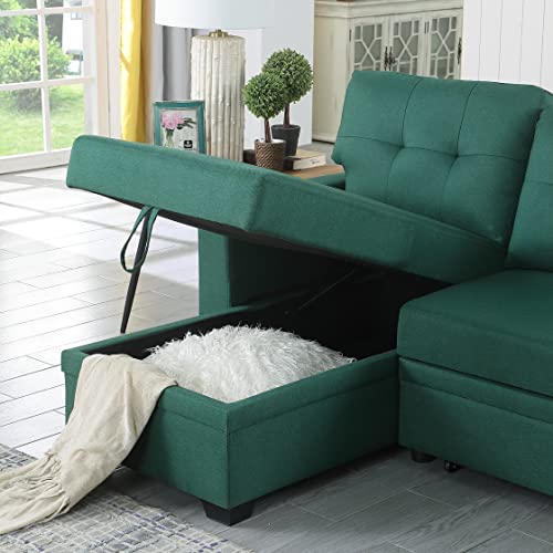 ACQCA 82" Sectional Sleeper Sofa with pull out bed and Chaise Storage, L-Shape Reversible 3 Seater Couch with Tufted Backrest for Living Room,Apartment,Office,Green