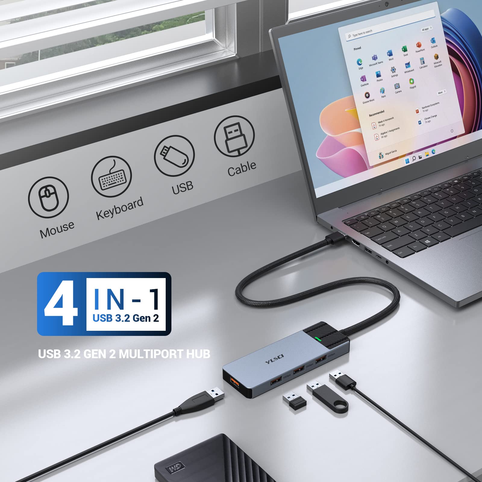 4 in 1 USB Hub,YLSCI USB Adapter, USB 3.2x4 (10Gbps), USB Splitter multiport Adapter, Compatible with Smartphones, laptops and Other USB Devices