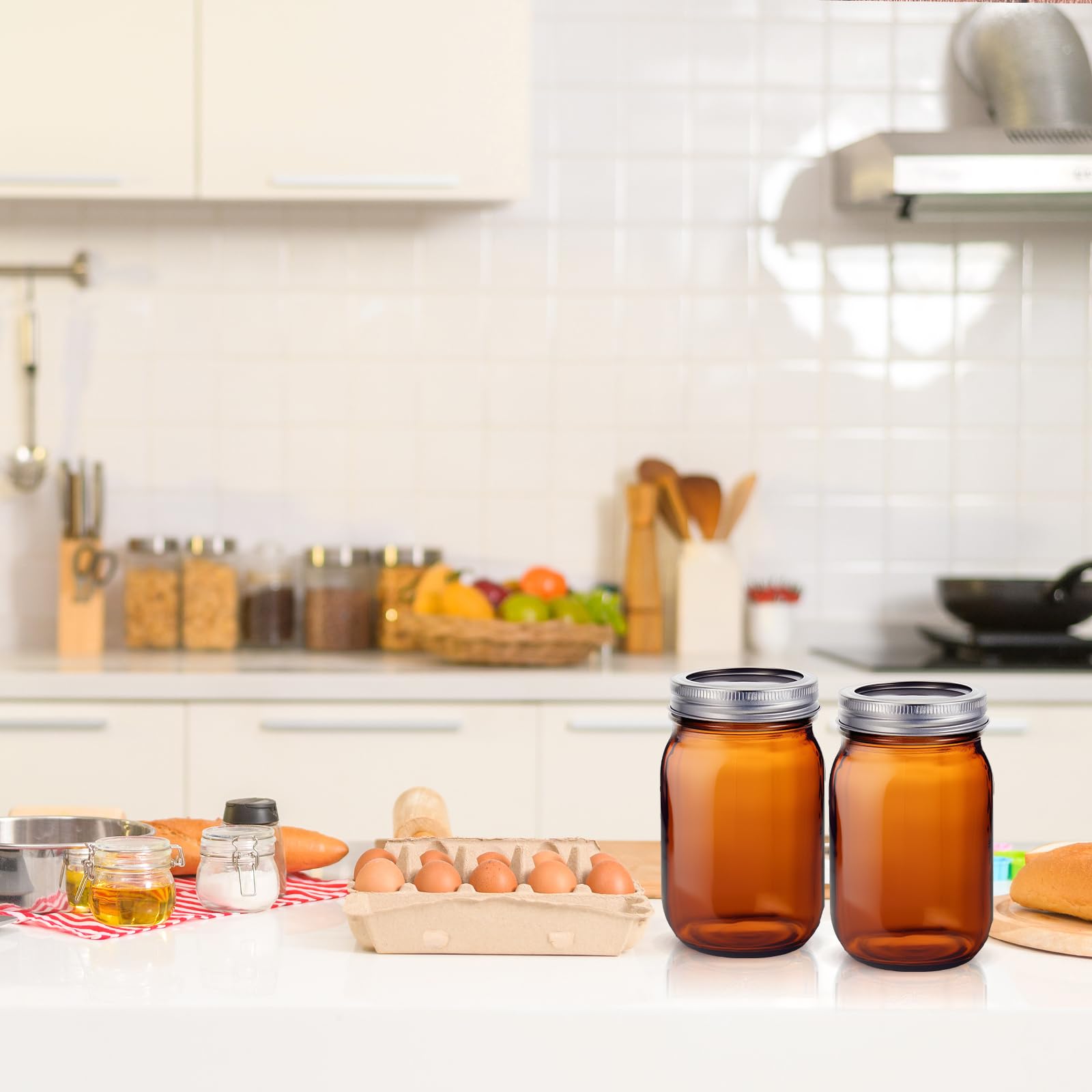 6 Pieces 64 oz Amber Glass Mason Jars Glass Mason Jars Amber Canning Jar Container Set Embossed Half Gallon Fermenting Jars with Airtight Lids for Canning Freezing Preserving Beverages Jar Decor