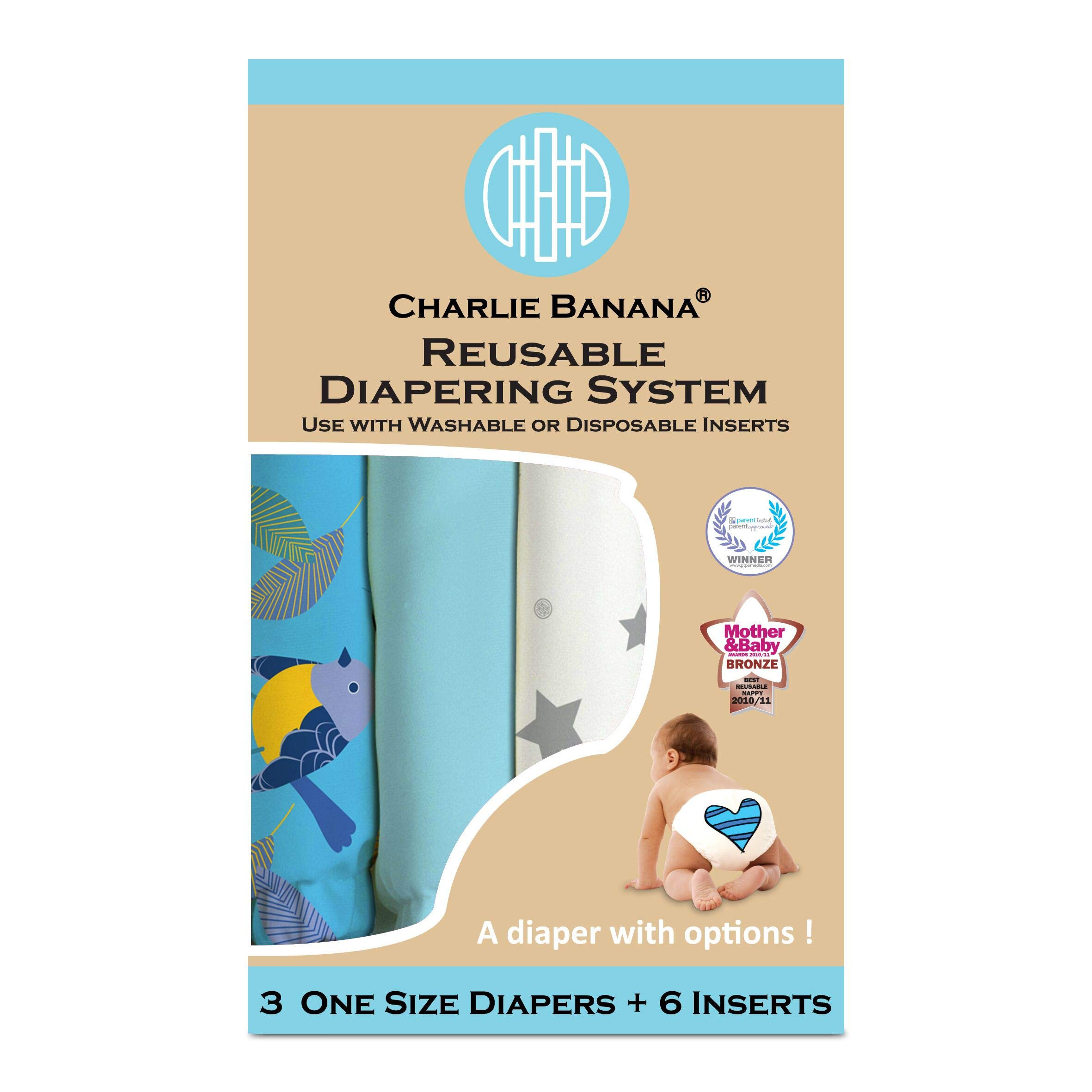 Charlie Banana Baby Washable and Reusable Cloth Diapers, 3 Soft Pocket Diapers and 6 Absorbent Inserts, One-Size, Little Twitter II