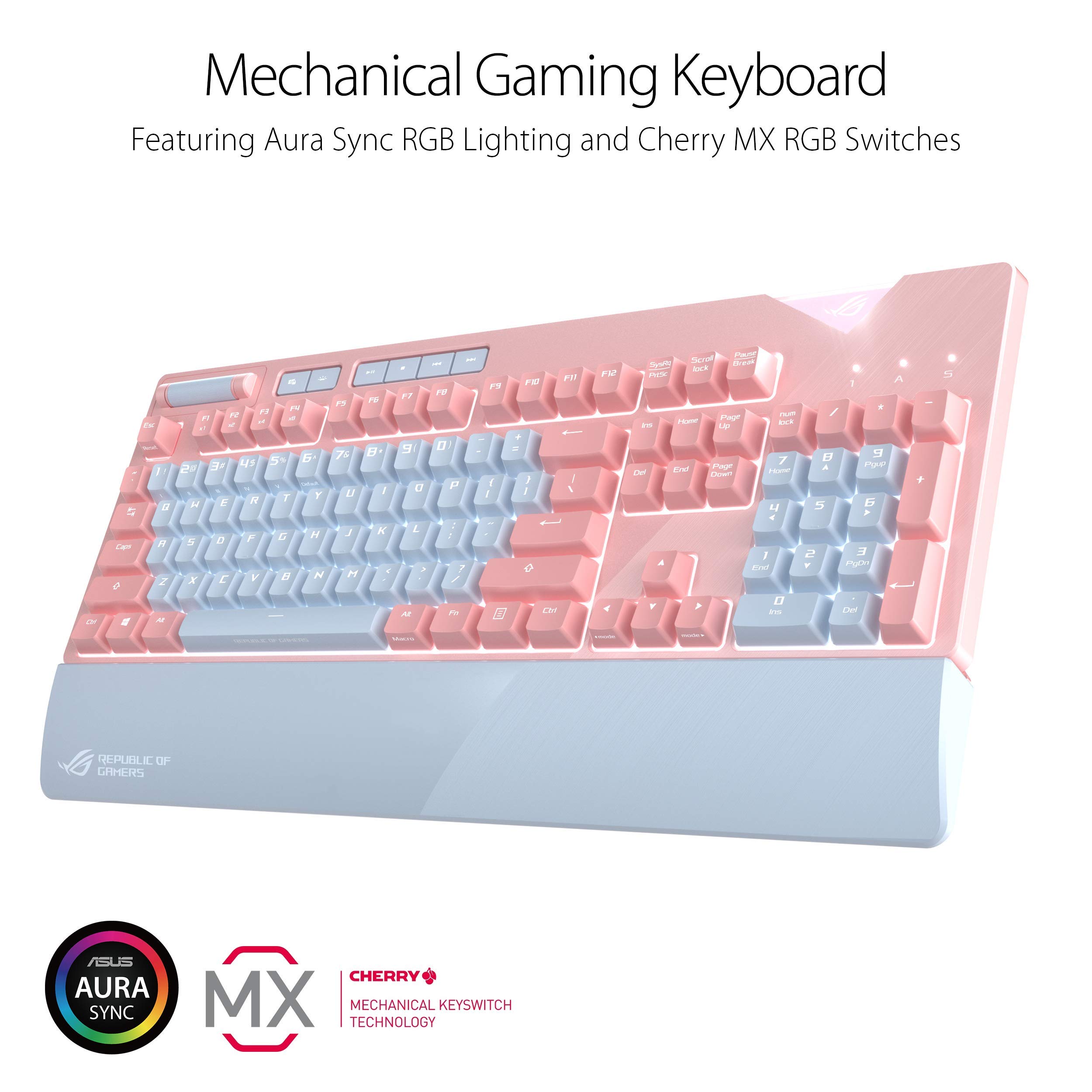 ASUS ROG Strix Flare Pnk (Cherry MX Brown) Limited Edition Mechanical Gaming Keyboard with Switches, Aura Sync RGB Lighting, Customizable Badge, USB Pass Through and Media CONTROLS (Renewed)