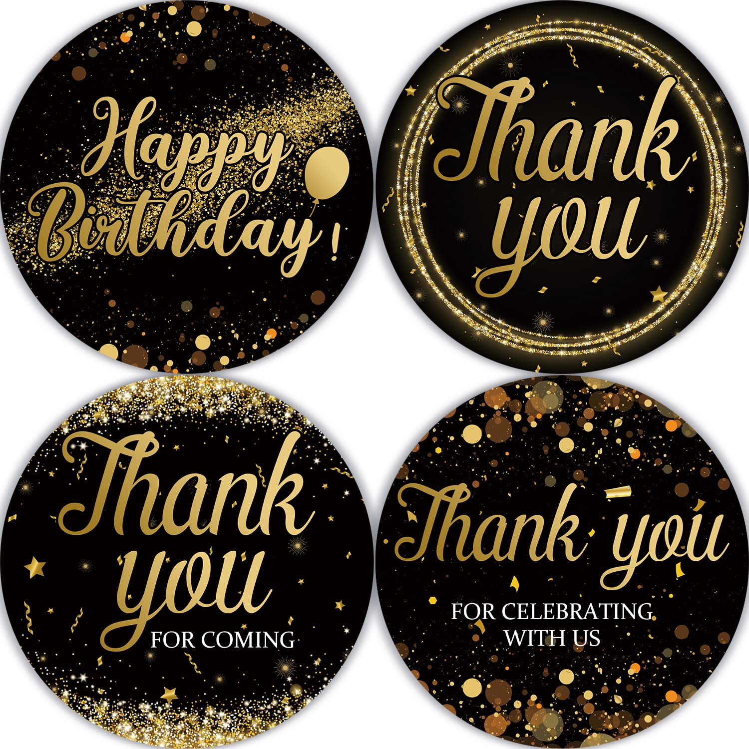 80 Pieces Black Gold Happy Birthday Thank You Stickers, Boy Girl Big Milestone Bday Party Decorate Round Party Gift Wrap Bag Label Decorations, 4 Design Stickers