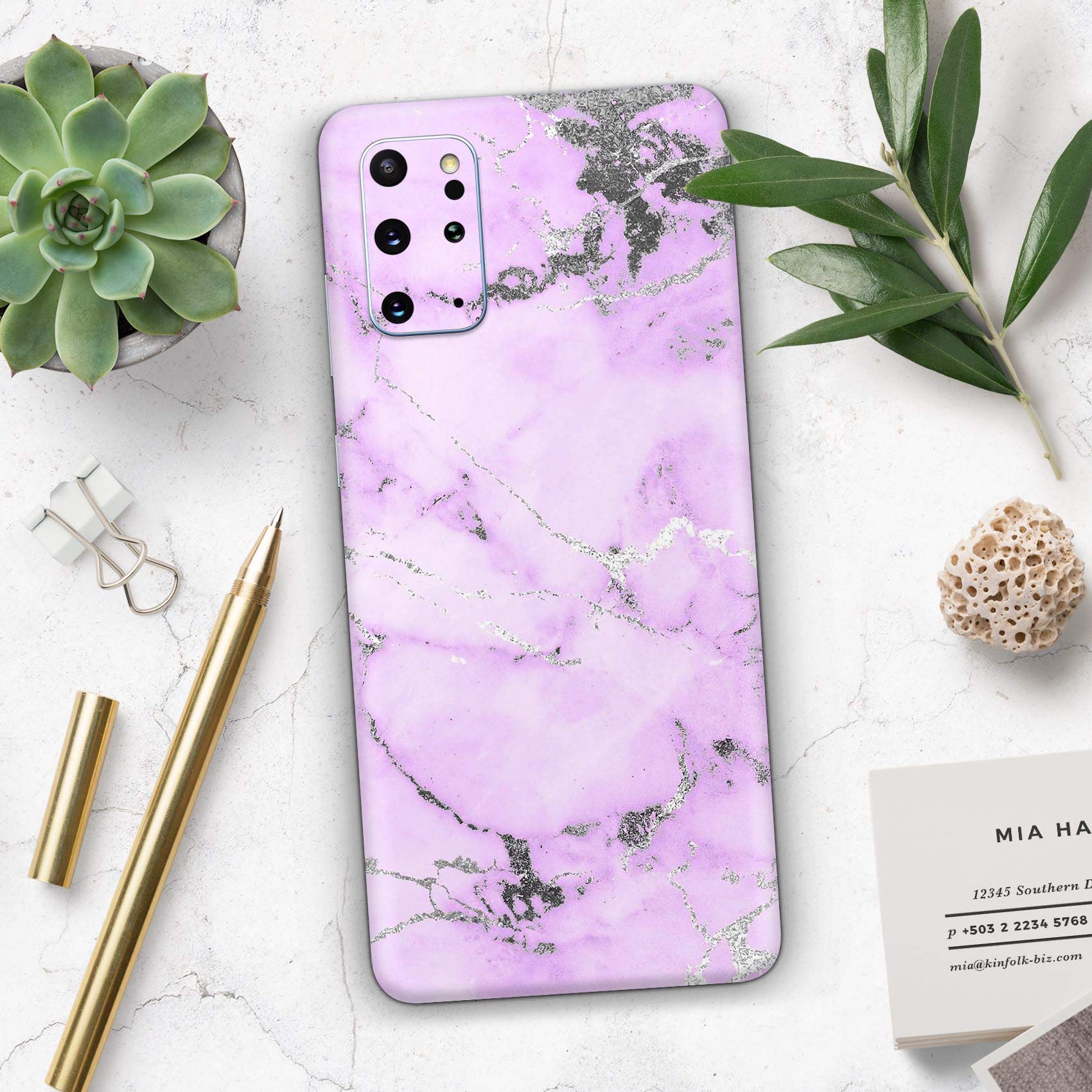 DesignSkinz Purple Marble & Digital Silver Foil V4 Protective Vinyl Decal Wrap Skin Cover Compatible with The Samsung Galaxy S20 (Screen Trim & Back Glass Skin)