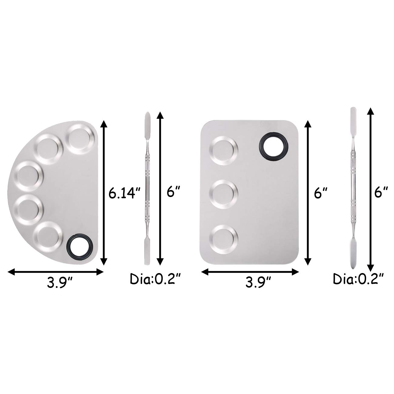 TIHOOD 2PCS 5-well / 3-well Makeup Palette with Spatula, Stainless Steel Nail-art Cosmetic Artist Mixing Palette for Mixing Foundation 6''x4'' Silver