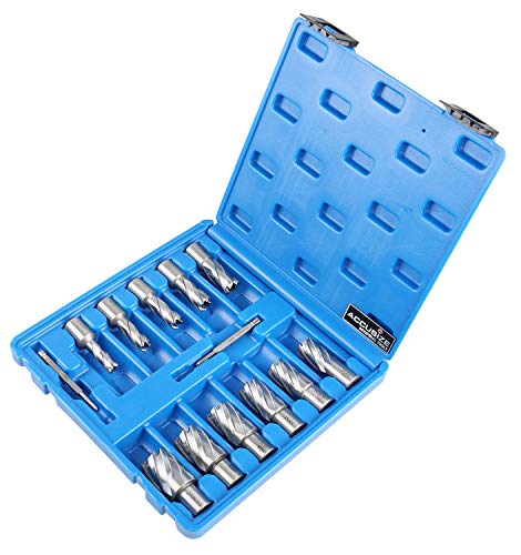 Accusize Industrial Tools 13 Pc 7/16'' to 1-1/16'' Hss Annular Cutters, 1'' Cutting Depth, 3/4'' Weldon Shank, with 2 Pilot Pins, Strong Box, N10
