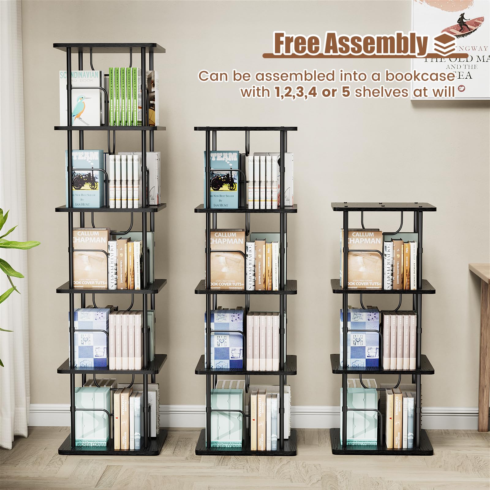 5 Tier Square Rotating Bookshelf, 360 ° Display Stackable Spinning Bookshelf Tower, Space Saving Tall Floor Standing Swivel Bookcase Corner Storage Organizer for Bedroom, Living Room, Rustic Brown