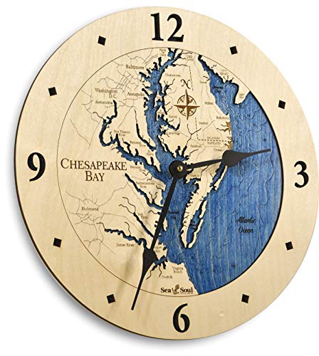Sea & Soul Chesapeake Bay 3-D Nautical Wood Chart 12" Wall Clock, Handcrafted in The USA, Topographic Water Map Clock, Carved Lake Art Wall Clock, Coastal Décor (Deep Blue)