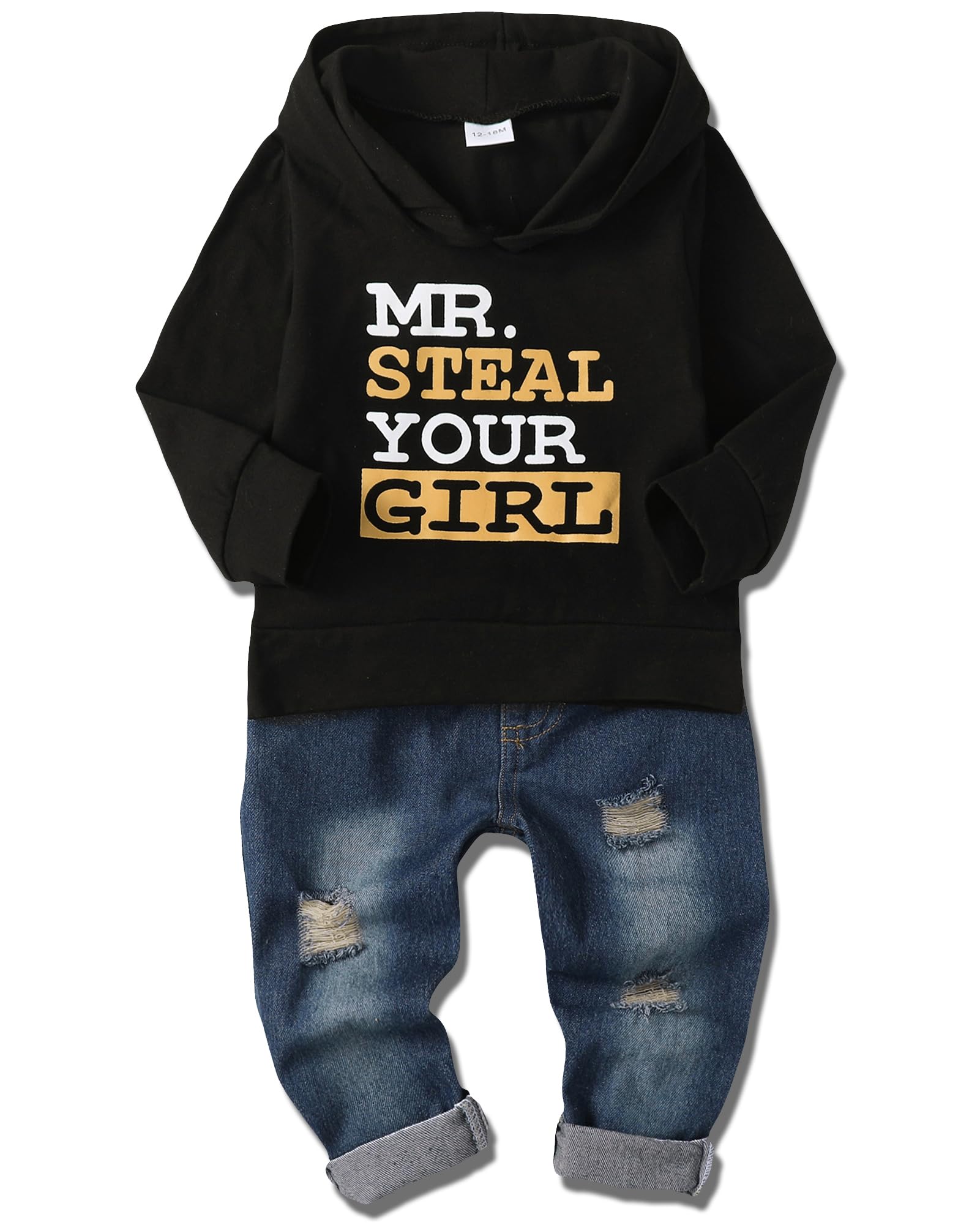 YALLET 2T 3T Toddler Baby Boy Clothes Fall Winter Outfit Sets Long Sleeve Letter Hoodies Top+Ripped Denim Pants 2pcs