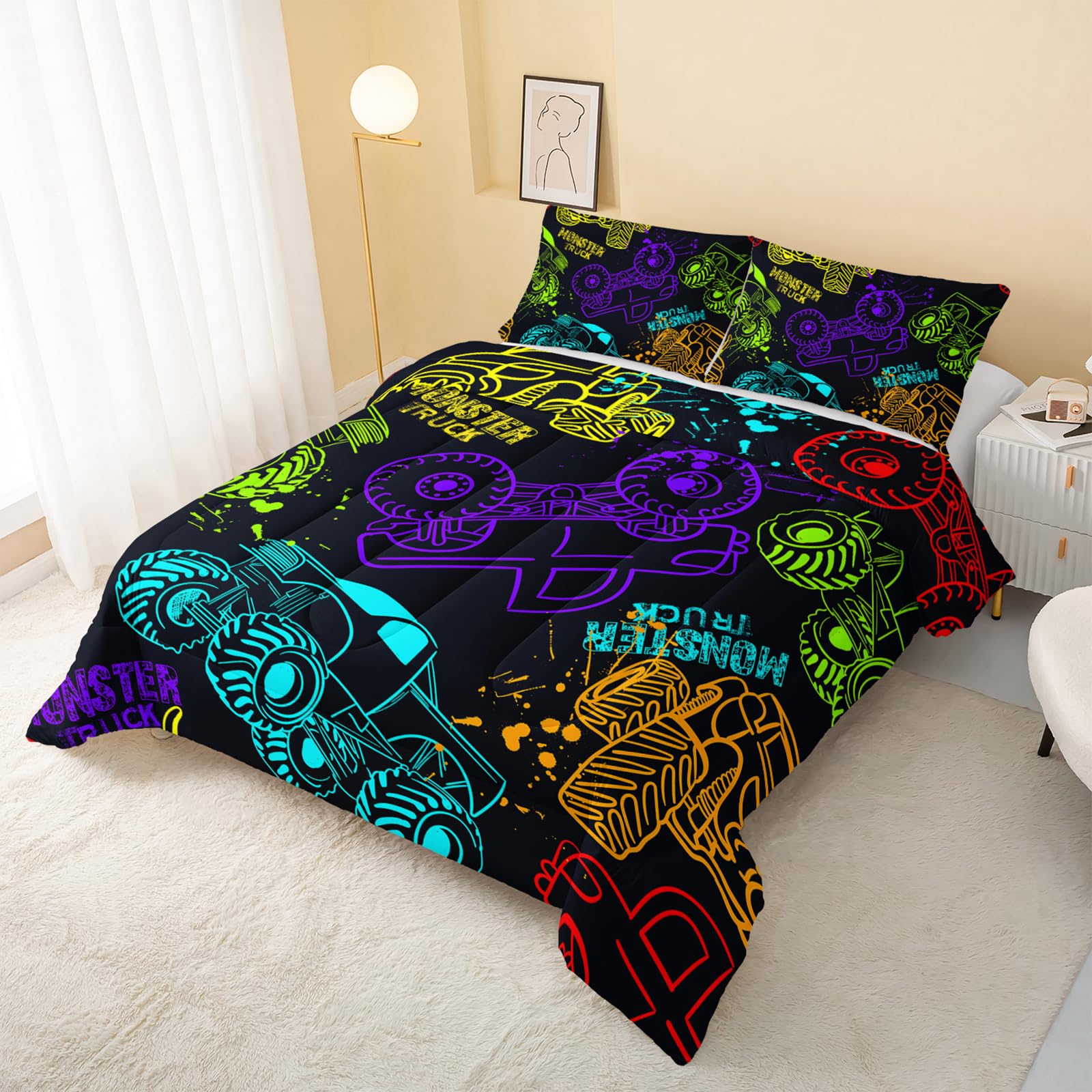QOOMO Truck Comforter Set for Kids Teens Boys,Neon Truck Kids Comforter,1 Comforter with 2 Pillowcase, Microfiber 3 Piece Bedding Set,Soft and Lightweight(Black,Twin Size)