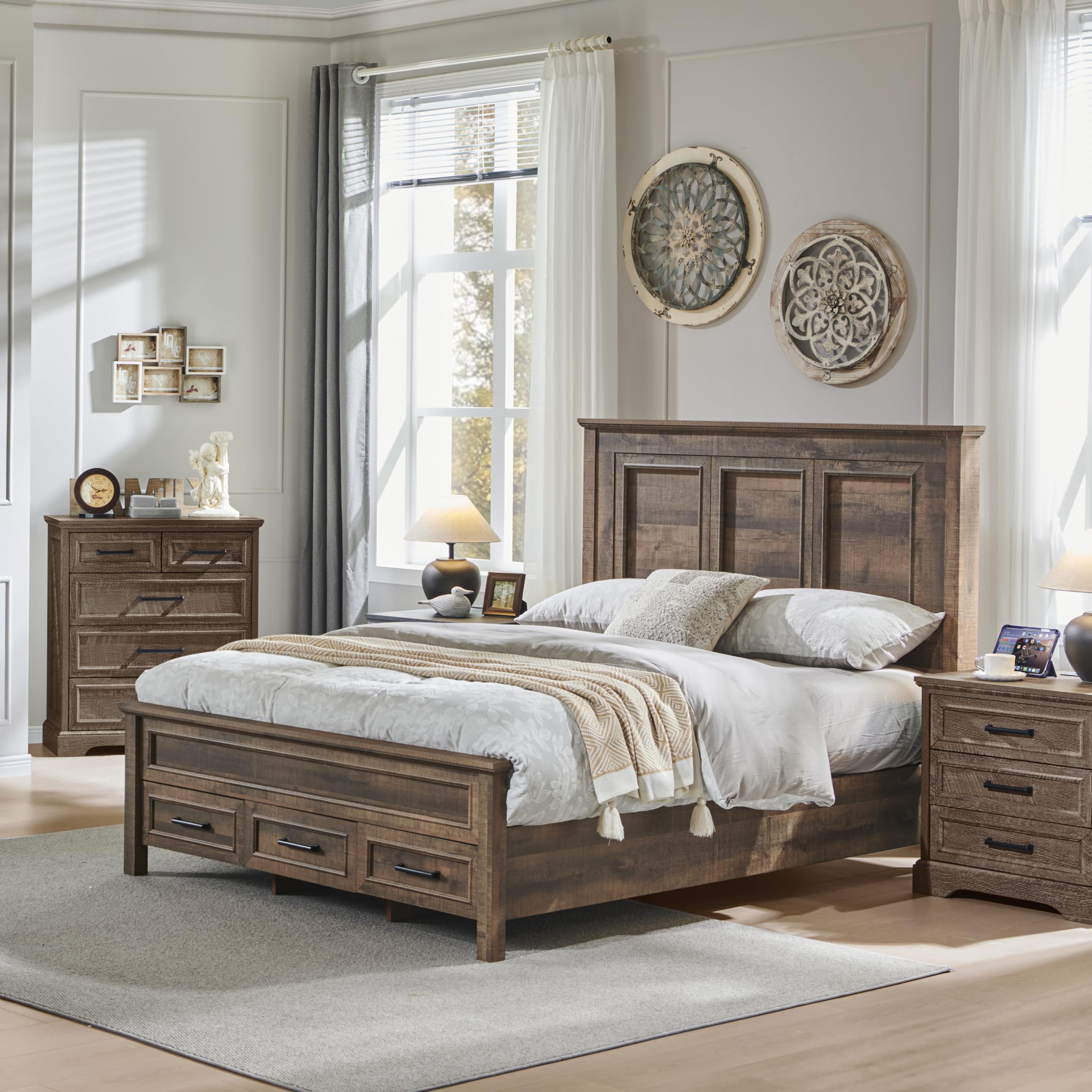 ACCOHOHO Farmhouse Full Size Bed Frame with 52" Tall Full-Panel Headboard, Wood Platform Bedframe with Footboard and Storage Drawers, No Squeak, No Box Spring Needed, Brown