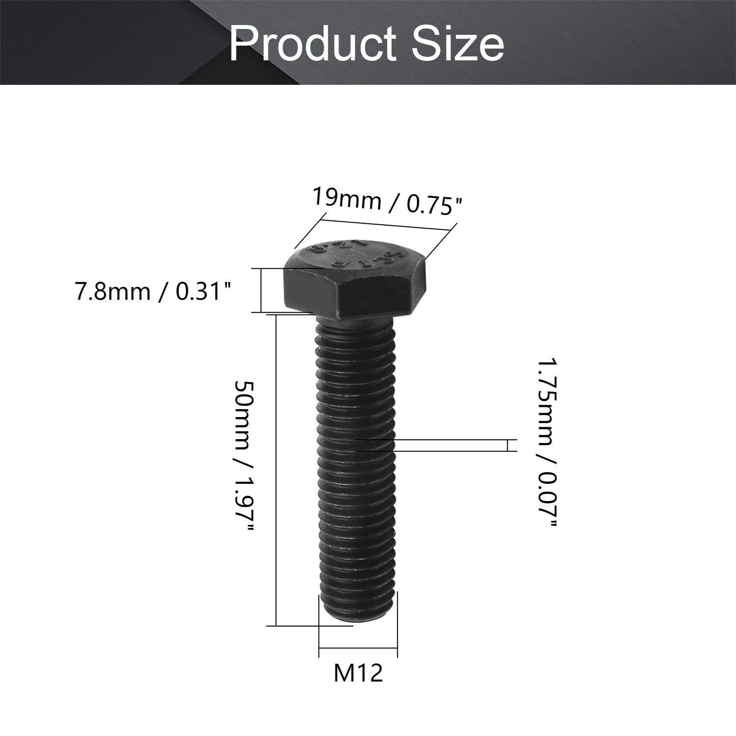 MroMax 3Pcs M12 x 50mm Left Hand Hex Bolt, Carbon Steel Grade 12.9, Black Oxide Finish, Full Thread, Hexagon Head Bolts for Furniture Repair