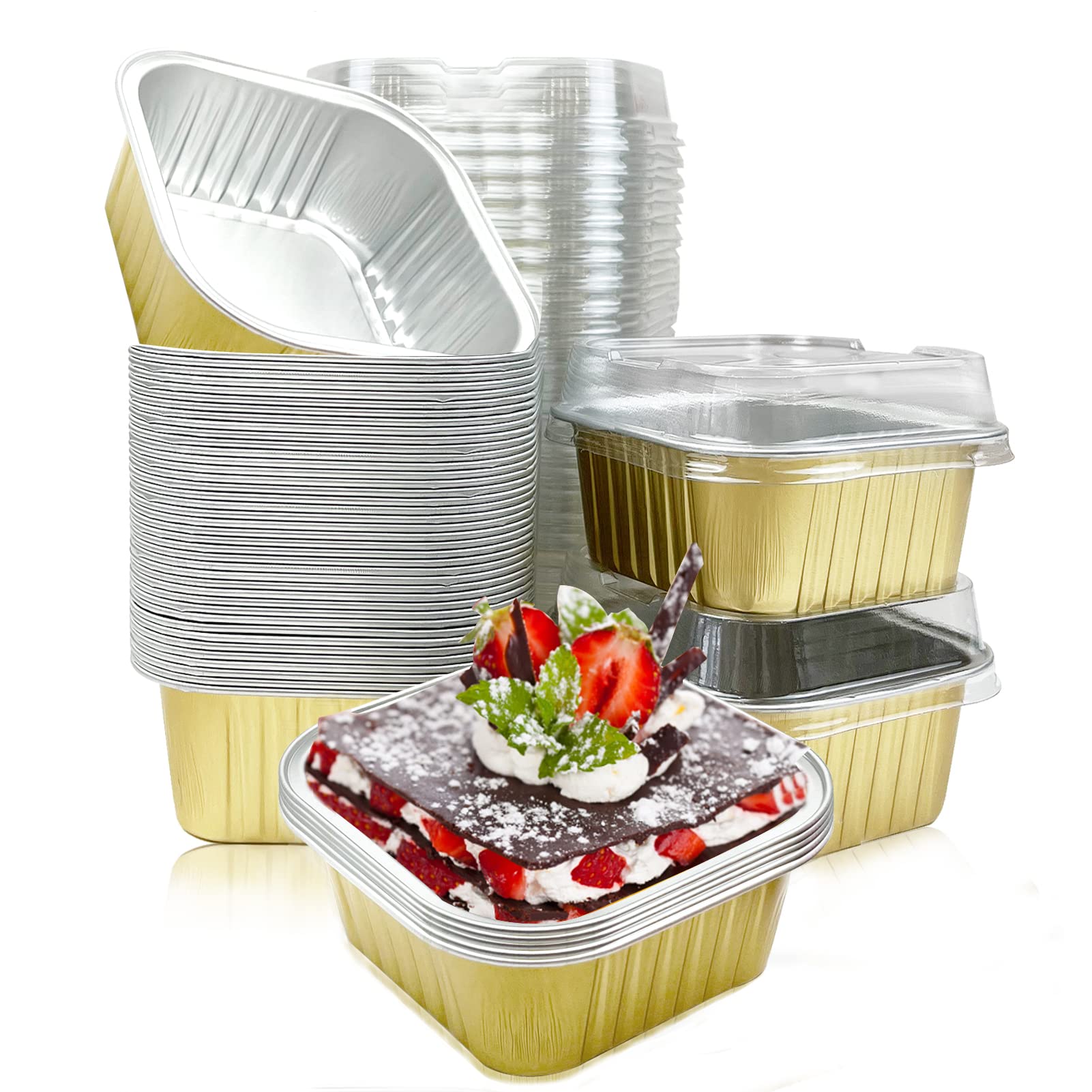 50 Pcs Aluminum Foil Mini Square Baking Cups with Lids,5oz Disposable Ramekins Cake Pans,Cupcake Baking Cups Containers for Bread Muffin Brownie Cheesecake,Gold