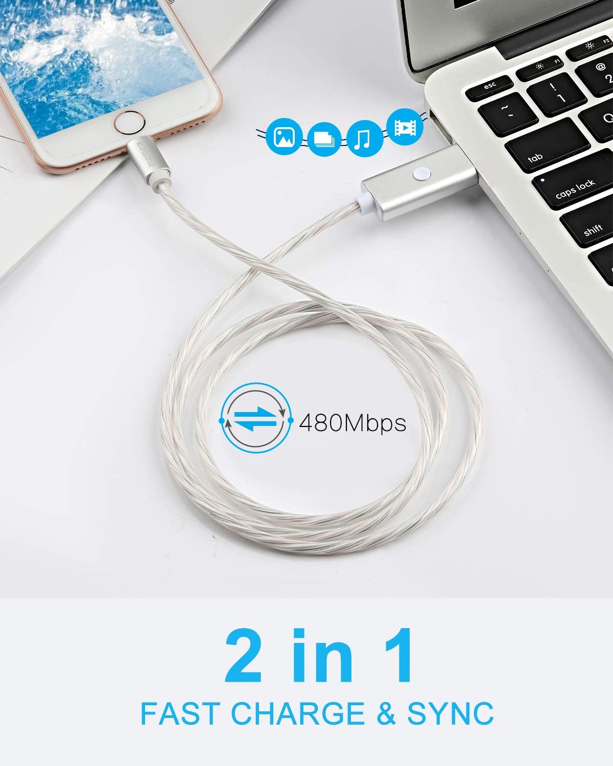 momen LED Charger Cable, 2 Pack 10FT Lightning Cable MFi Certified Data Sync Cord Compatible 13/12/11/XS Max/XS/XR/X/8/7/Plus/SE/iPad,iPhone Charger Cord Blue & Green