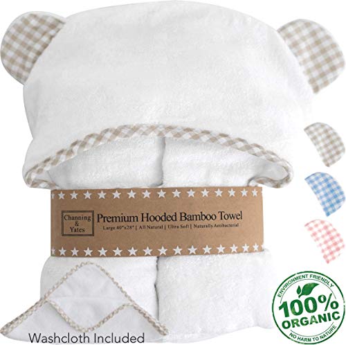 Channing & Yates Premium Hooded Baby Towel + (4 Piece) X-Large Washcloth Gift Bundle - Organic Bamboo Baby Towels and Washcloths- (Beige Gingham Bundle)…