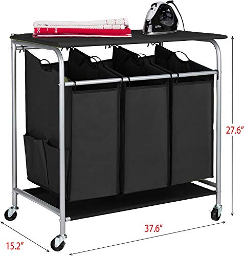 JINAMART 3 Section Laundry Sorter with Ironing board, Rolling Laundry Hamper cart, Removable Bag Sorter Basket with 4 side pockets, Laundry Organization Bins for Bedroom & Bathroom (Black)
