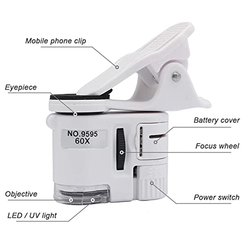 60x Pocket Microscope, Handheld Portable LED Lighted Magnification Endoscope with a Mobile Phone Adapter Clip, Built-in UV and LED Flashlight