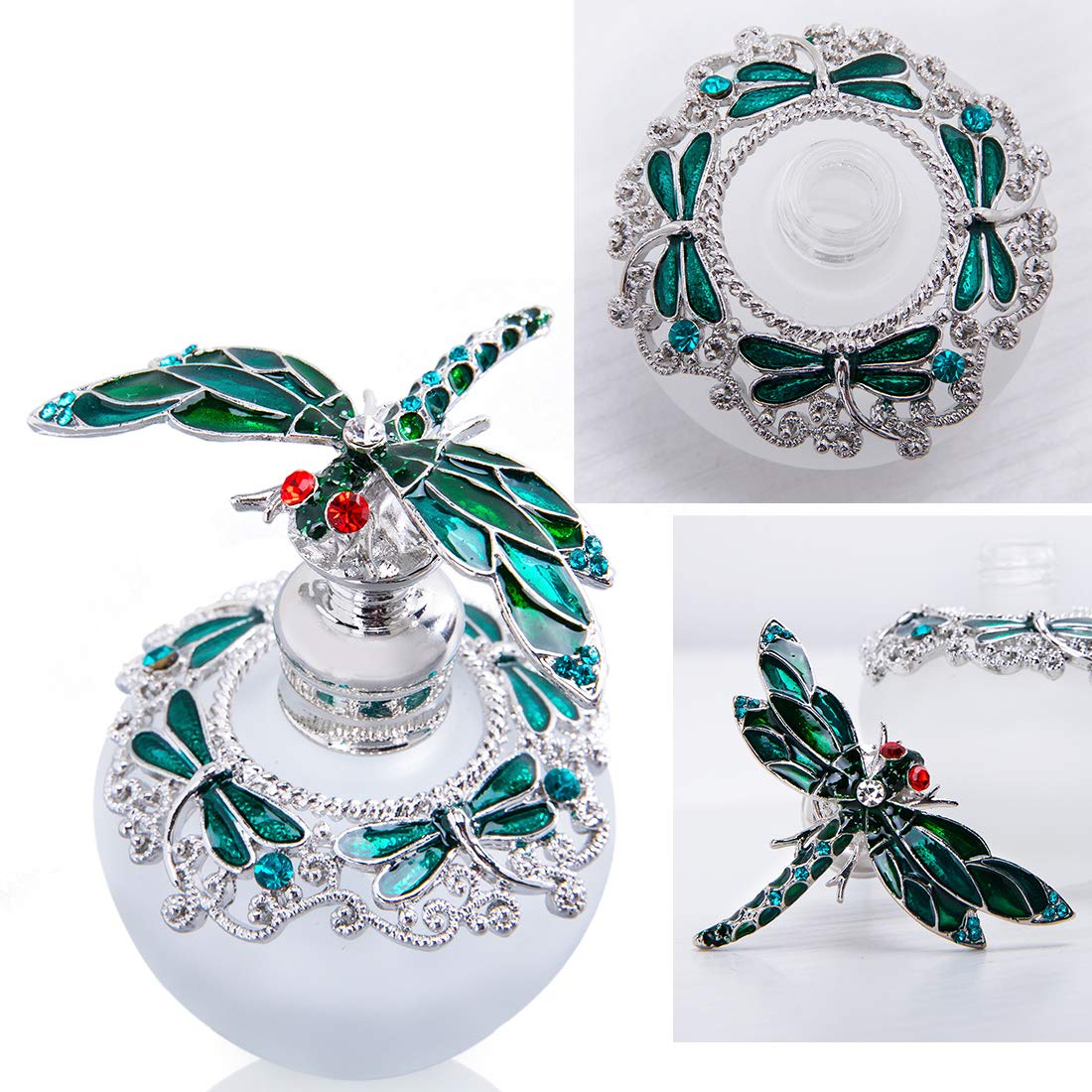 YU FENG 40ml Fancy Empty Crystal Perfume Bottle with Green Dragonfly Stopper Rhinestones Bejewelled Refillable Glass Bottle Containers