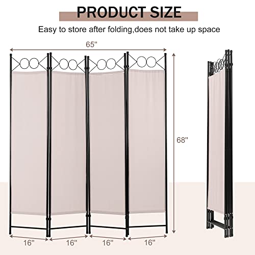 4 Panel 68" H Room Divider Partition Folding Steel Frame Screen Freestanding Privacy Divider Portable Breathable Partition Japanese-Inspired Oriental Shoji Screen Wall Divider for Home Office, Tan