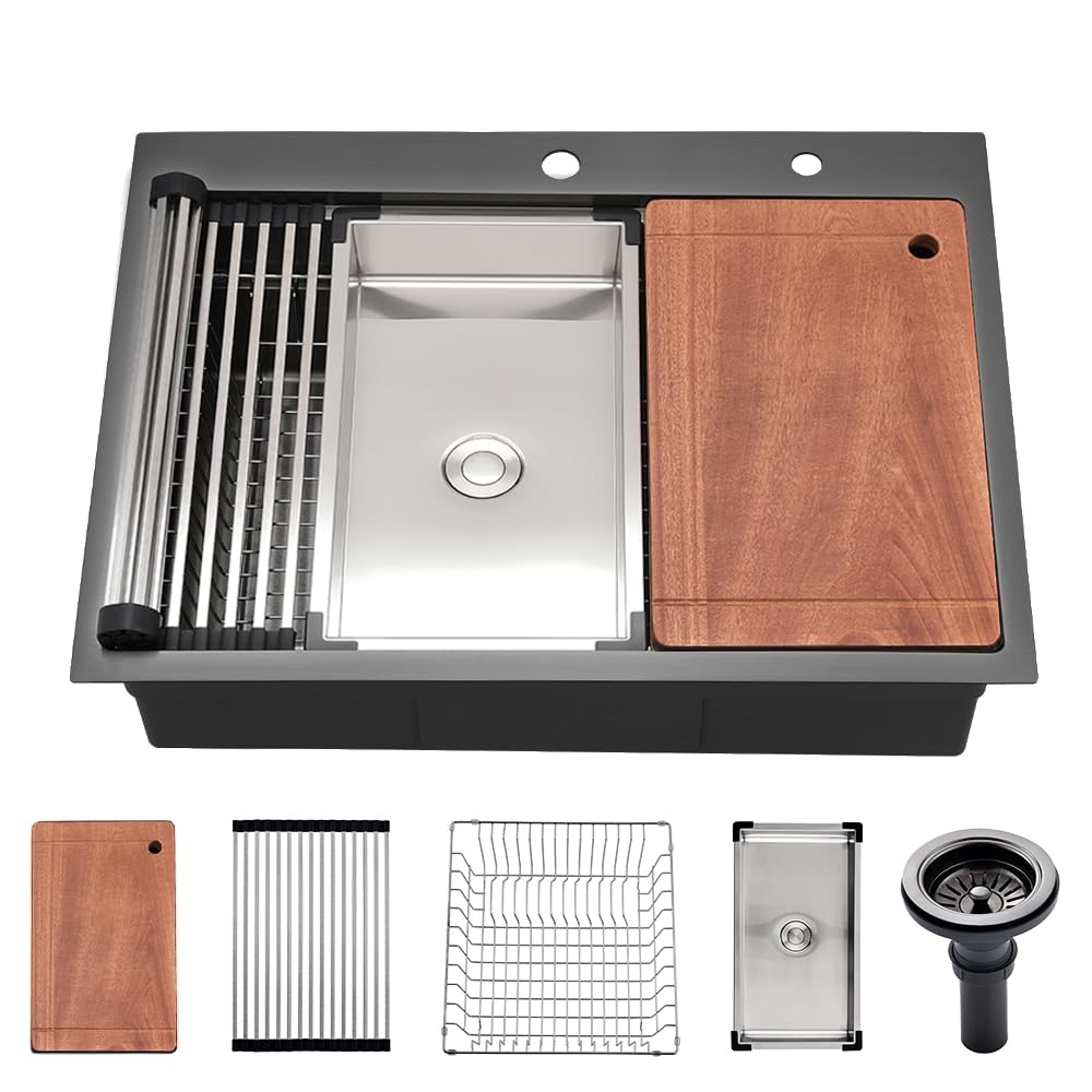 33x22 Inches Black Drop In Workstation Kitchen Sink, Gabhar 33" 16Gauge Black Stainless Steel Drop In Workstation Kitchen Sinks With Offset Drain