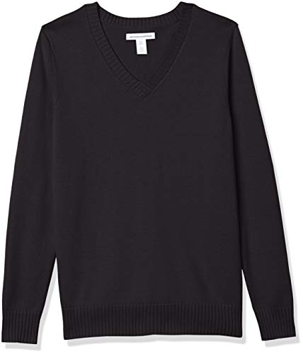 Amazon Essentials Women's 100% Cotton Long-Sleeve V-Neck Sweater, Black, Large