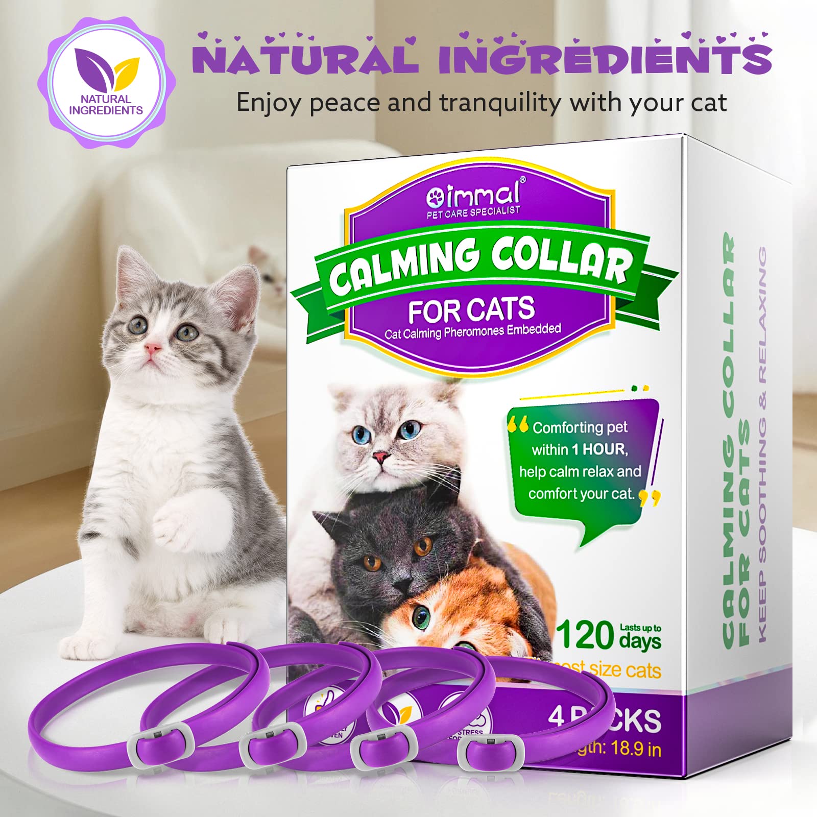 4 Pack Calming Collar for Cats,Cat Calming Collar,Calming Collar Anxiety Relief for Cats,Pheromone Cat Calming Collar with 30 Days Long-Lasting Effect, Adjustable Fits All Small Medium Large Cat