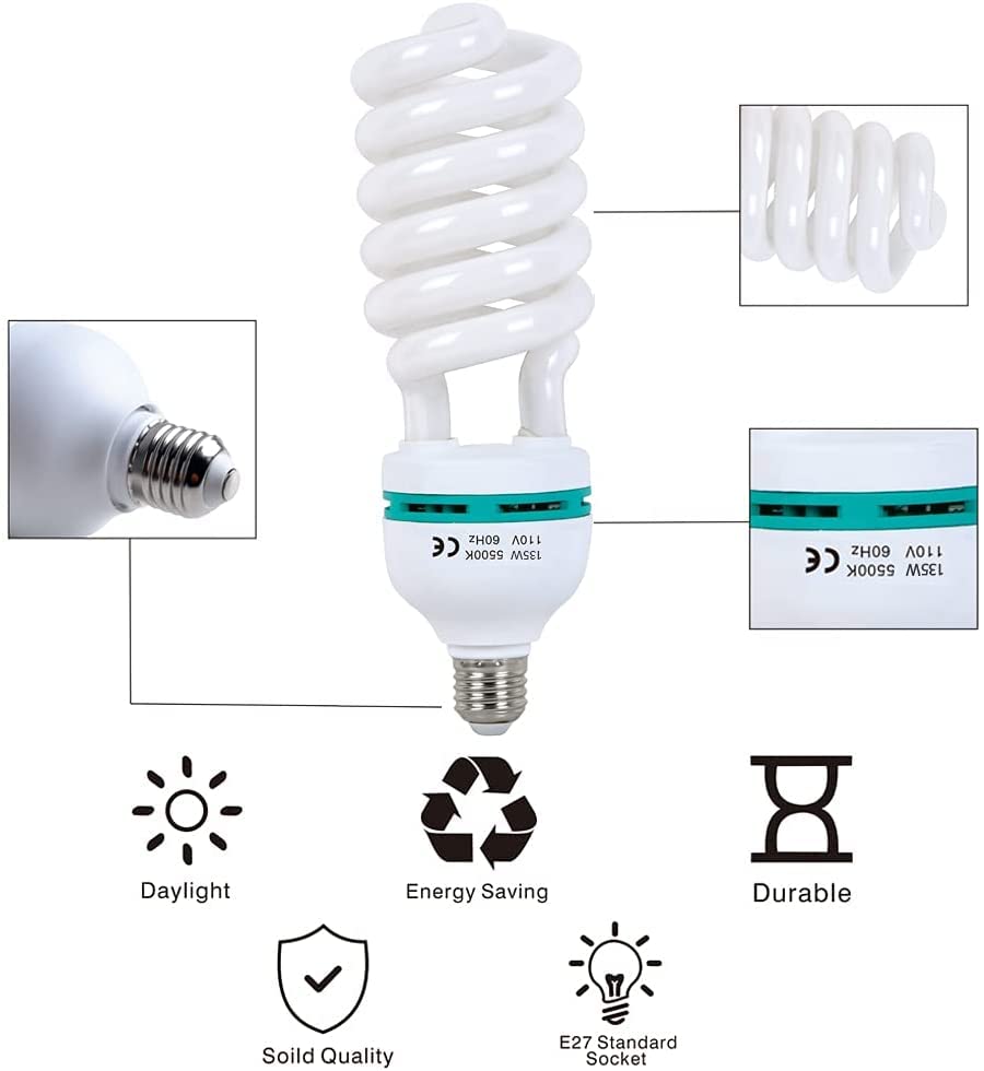 2pcs 135W Light Bulb 5500K CFL Daylight Spiral Softbox Lighting Kit Bulb in E27 Socket for Photography Photo