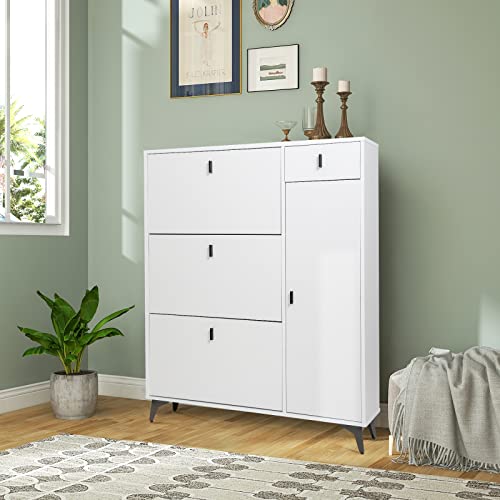 ARTETHYS Shoe Cabinet-Freestanding Shoe Storage Cabinet 22 Pair Shoe Rack Storage Organizer with 3 Flip Drawers-White Modern Shoe Organizer Cabinet with Doors for Entryway