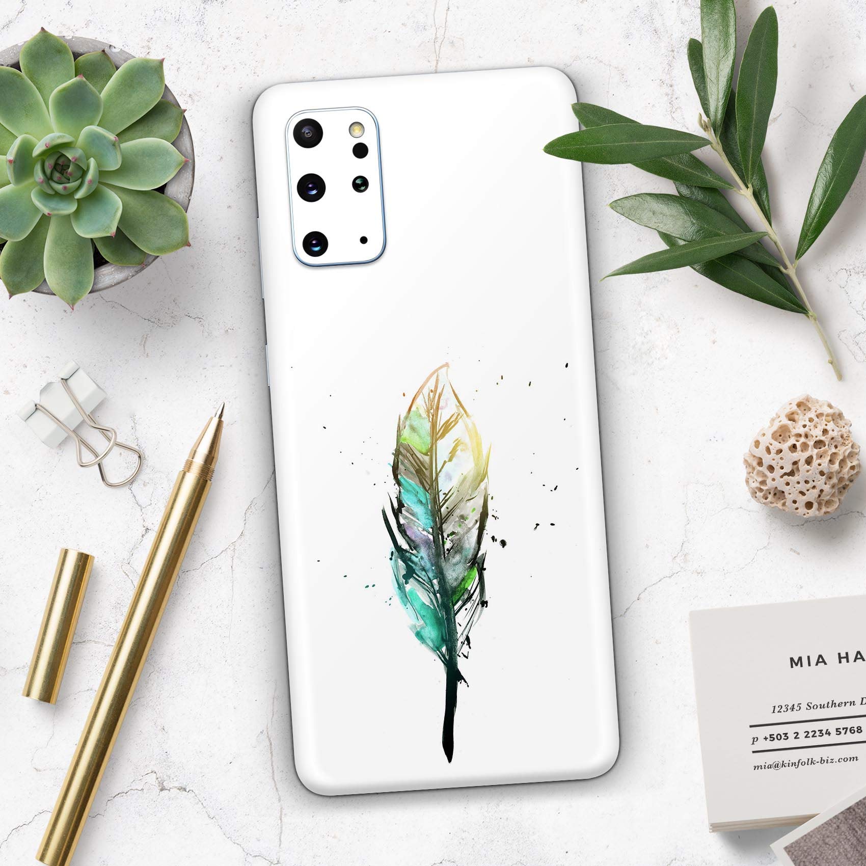 DesignSkinz Splatter Watercolor Feather Protective Vinyl Decal Wrap Skin Cover Compatible with The Samsung Galaxy S20 (Screen Trim & Back Glass Skin)