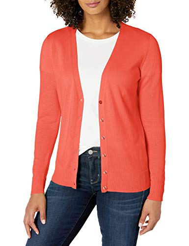 Amazon Essentials Women's Lightweight Vee Cardigan Sweater (Available in Plus Size), Coral Pink, Medium