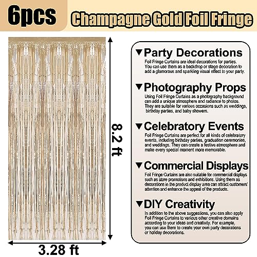 6 Pack Champagne Gold Foil Fringe Curtain Backdrop, 3.28Ft x 8.2Ft Metallic Tinsel Foil Fringe Streamer Curtains for Photo Booth, Halloween, Christmas, Birthday, Wedding Party Decorations