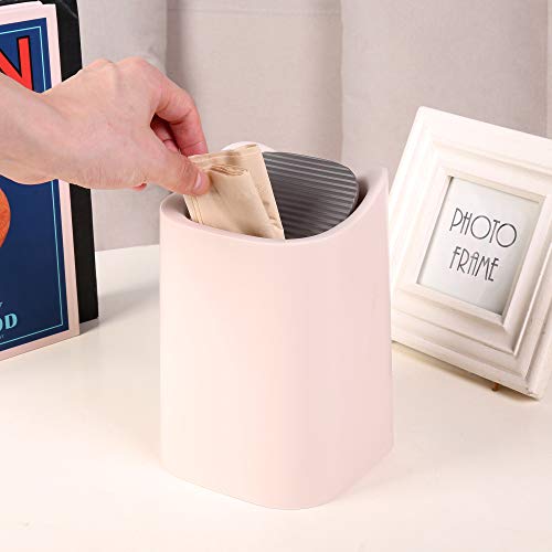 Sheebo Modern Plastic Mini Wastebasket Trash Can with Lid for Bathroom Vanity, Desktop, Tabletop or Coffee Table - Dispose of Cotton Rounds, Makeup Sponges, Tissues; 2 Liter (Tall - Pink)