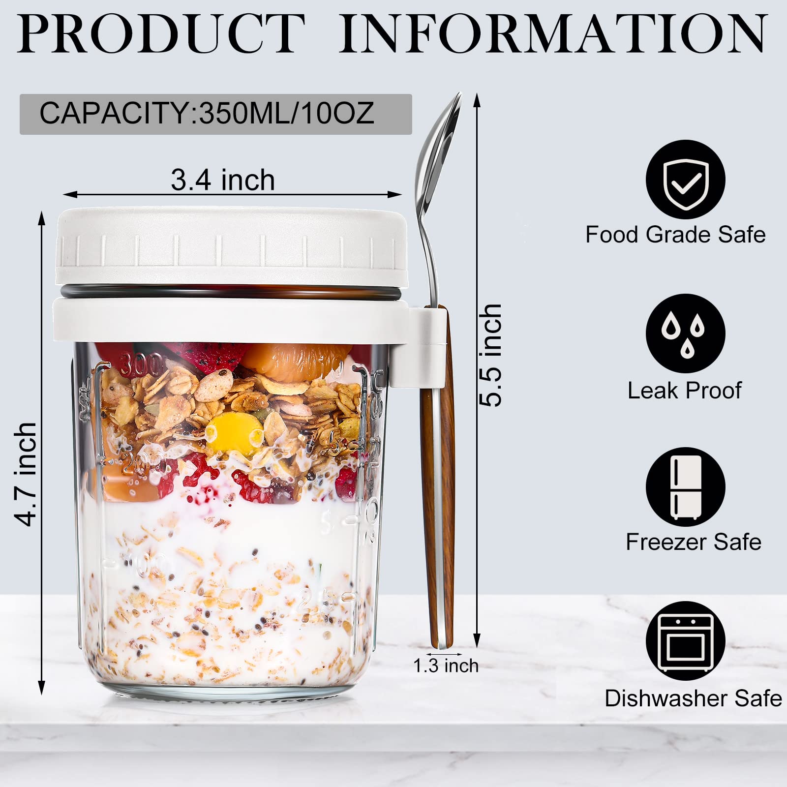 8 Pcs 10 oz Overnight Oats Containers with Lids and Spoons Large Capacity Airtight Oatmeal Overnight Oat Jars with Measurement Marks Oatmeal Container for Milk Cereal Fruit (White)