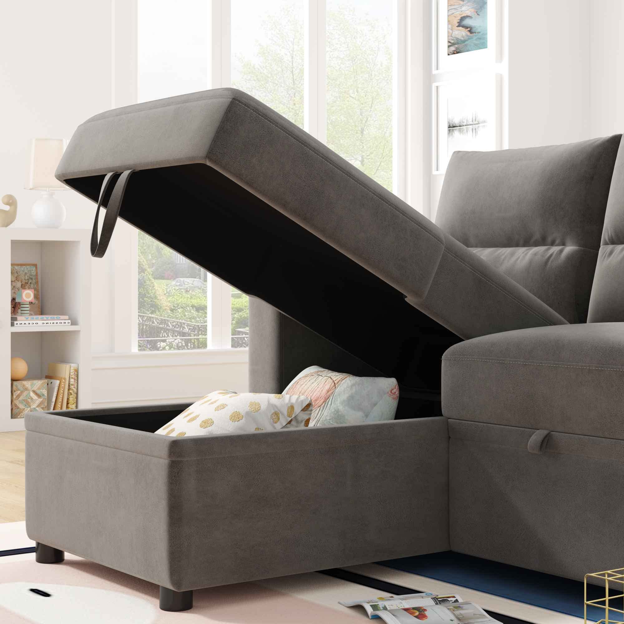 ATY Reversible Sectional Sofa Bed with 2 Pull-Out Sleepers, L-Shape Corner Couch with Storage Chaise, 3 Seat Both Left Right Handed with loveseat, 82.1 Grey Brown