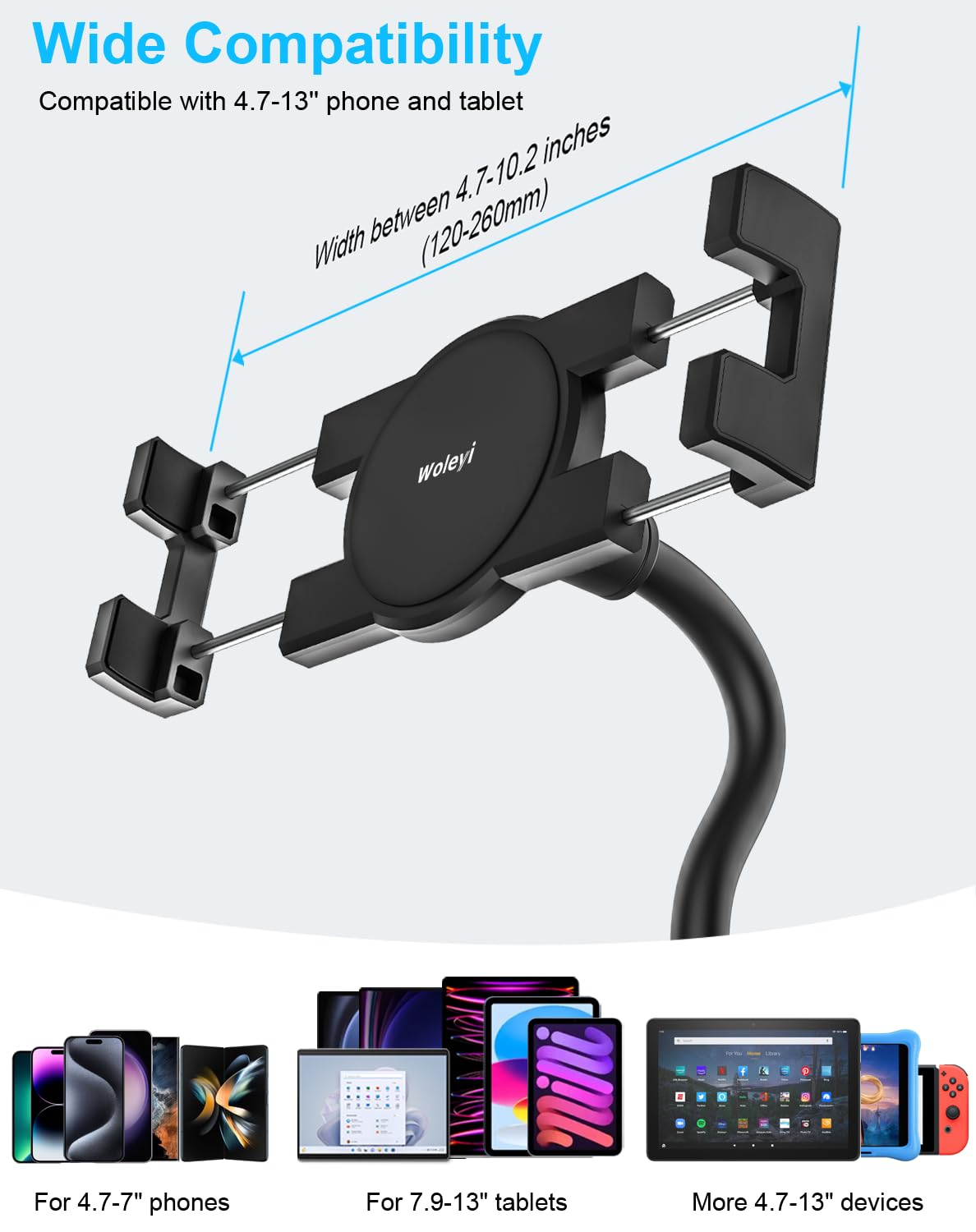 woleyi Gooseneck Spin Bike Tablet Mount, Elliptical Treadmill Tablet Holder, Indoor Peloton Stationary Exercise Bicycle Tablet Clamp for iPad Pro 12.9/Air/Mini, Galaxy Tabs, 4-13" CellPhone or Tablets