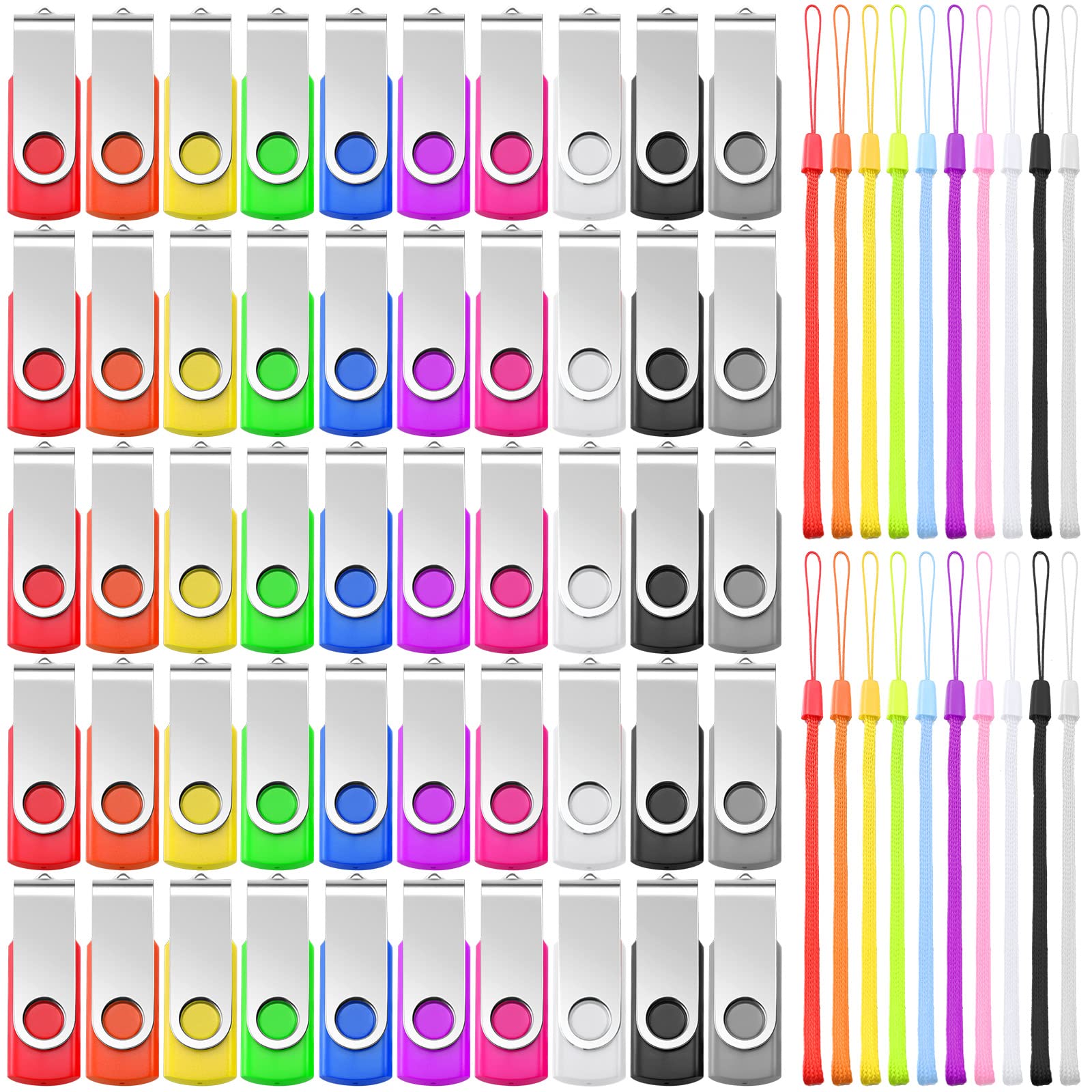 50 Pack 2GB Flash Drives Bulk USB 2.0 USB Gig Stick USB Flash Memory Storage Device with Lanyard Set Swivel Thumb Gig Stick for Data Storage Backup Transport Migration, Mixed 10 Color