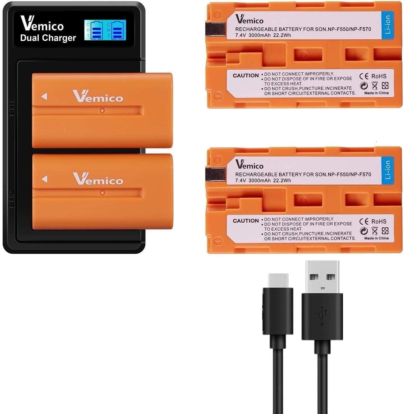 Vemico NP-F550 Battery Charger Kit with 3000mah F570 Batteries 2 Pack, 2-Slot USB-C Charger for NP F970/F960/F750/F570/F530/F33