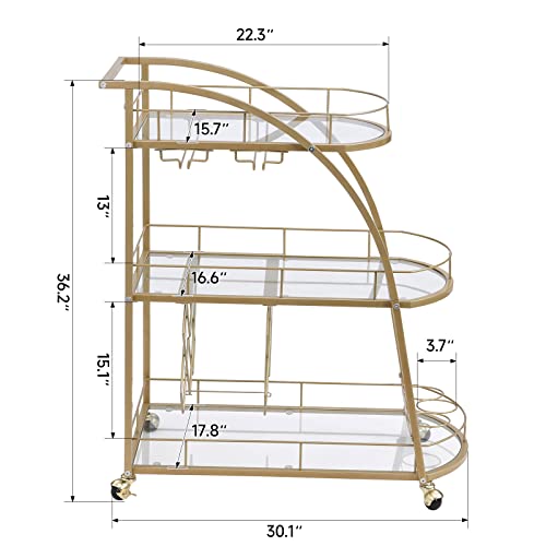 Angel Sar Gold Bar Cart on Wheels, 3 Tier Home Bar Serving Cart with 3 Glass Shelves, Wine Racks, Glass Holders, for Kitchen, Dining Room