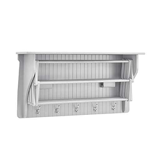 Danya B Accordion Clothes Drying Rack, Retractable, Wall Mounted Towel Rack and Hooks for Clothes and Towels for use in Laundry Room or Garage (White)