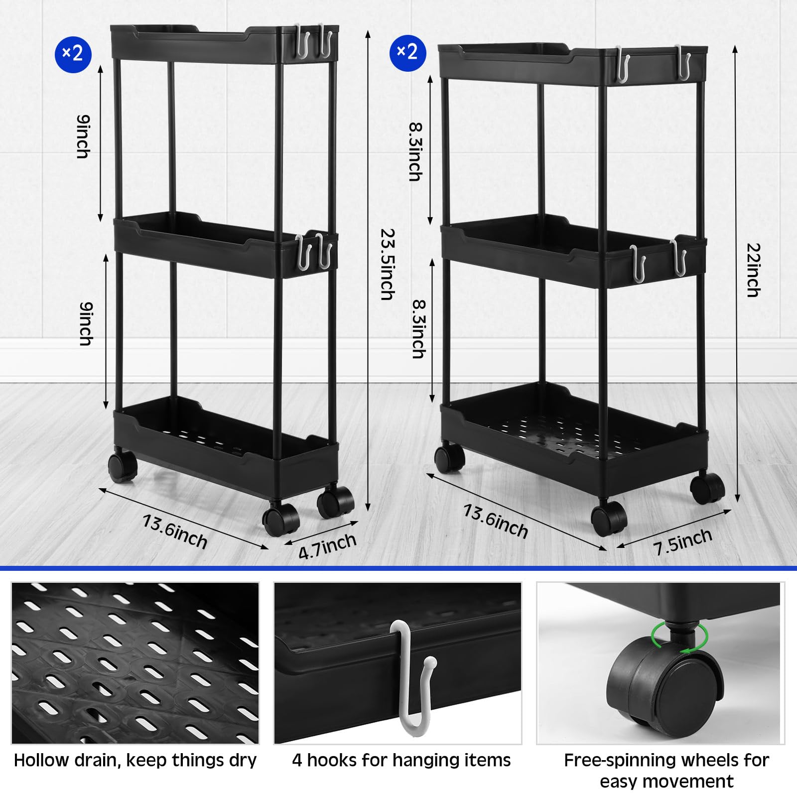 4 Pcs 3 Tier Slim Rolling Storage Cart, Bathroom Laundry Room Organizer Utility Storage Cart with Wheels and Hooks, Multi Functional Storage Trolley for Kitchen Bedroom Office Laundry Room, 2 Sizes