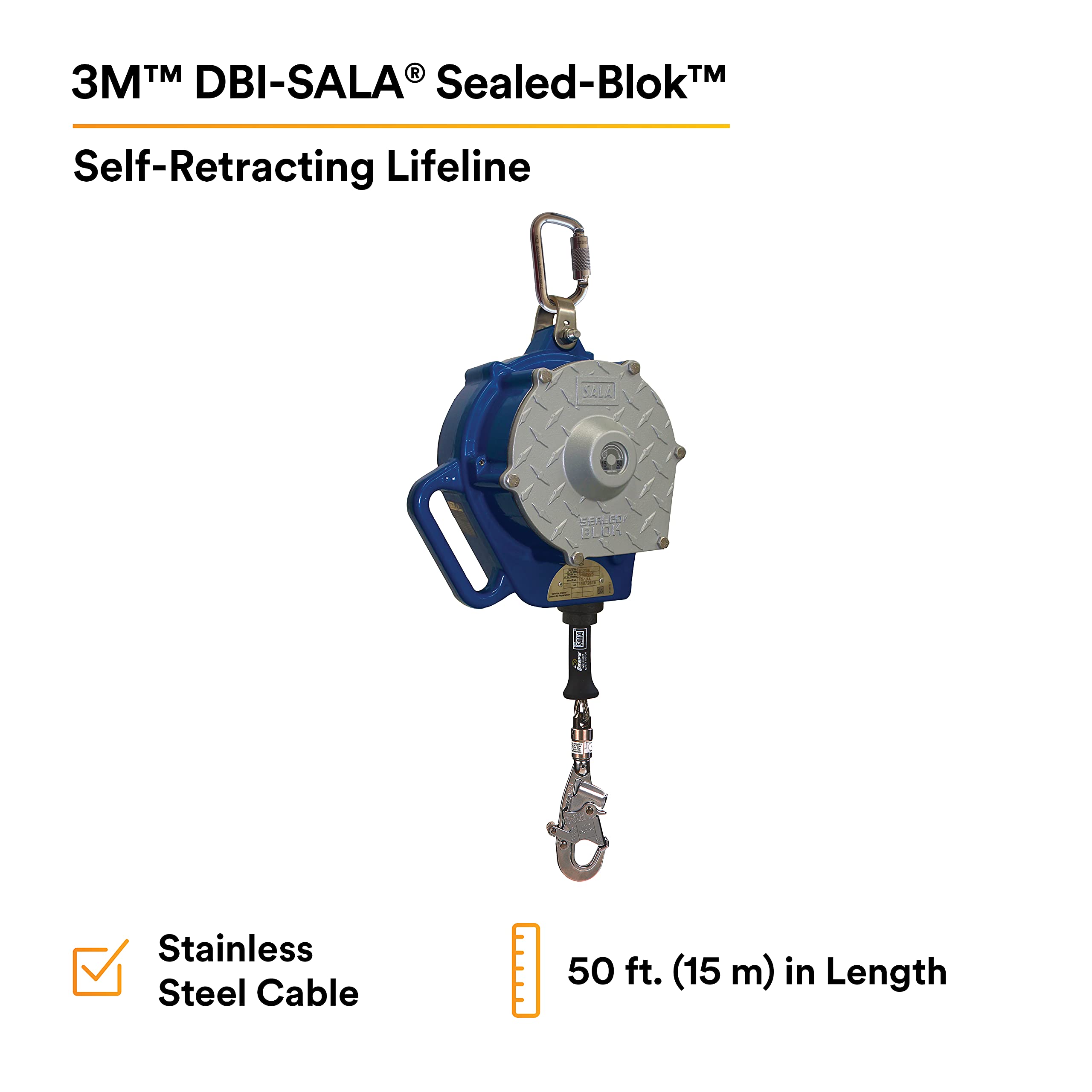 3M DBI-SALA Sealed-Blok 3400902 Self Retracting Lifeline 50' 3/16"" Cable, Swivel Snap Hook, 4' Cable Tie-Off Adaptor, MountBracket, Carabineer, Blue