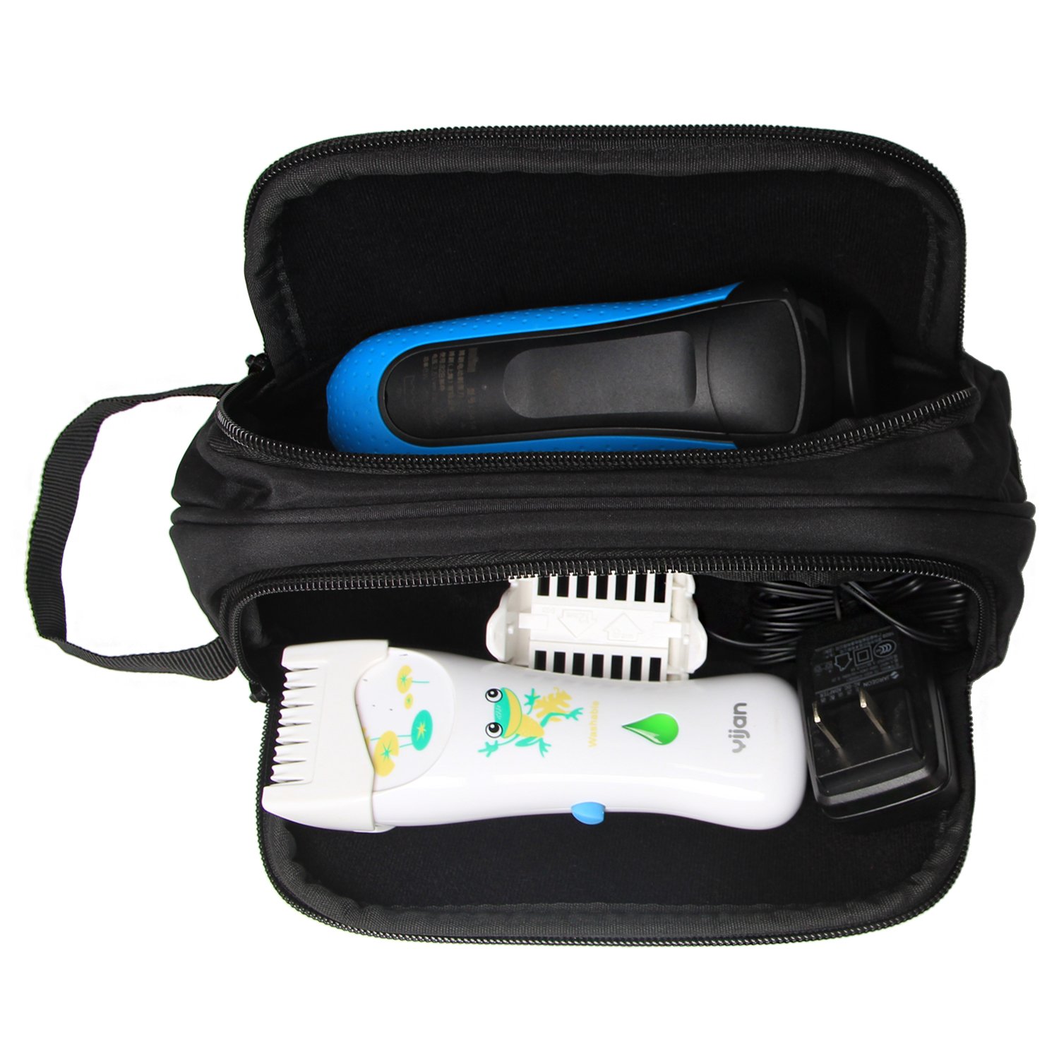 Damero Travel Organizer, Men Grooming Storage Bag with Two Compartments for Electronic Shaver, Hair Clipper, Beard Trimmer and Attachment, Roomy, Lightweight and Portable, Black