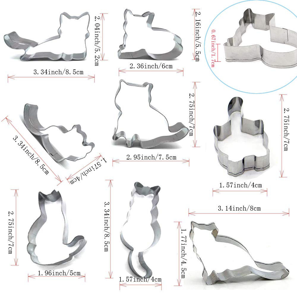 8 PCS Cat Cookie Cutter Set Stainless Steel Cat cookie cutters shapes Candy Food Molds by Baryuefull